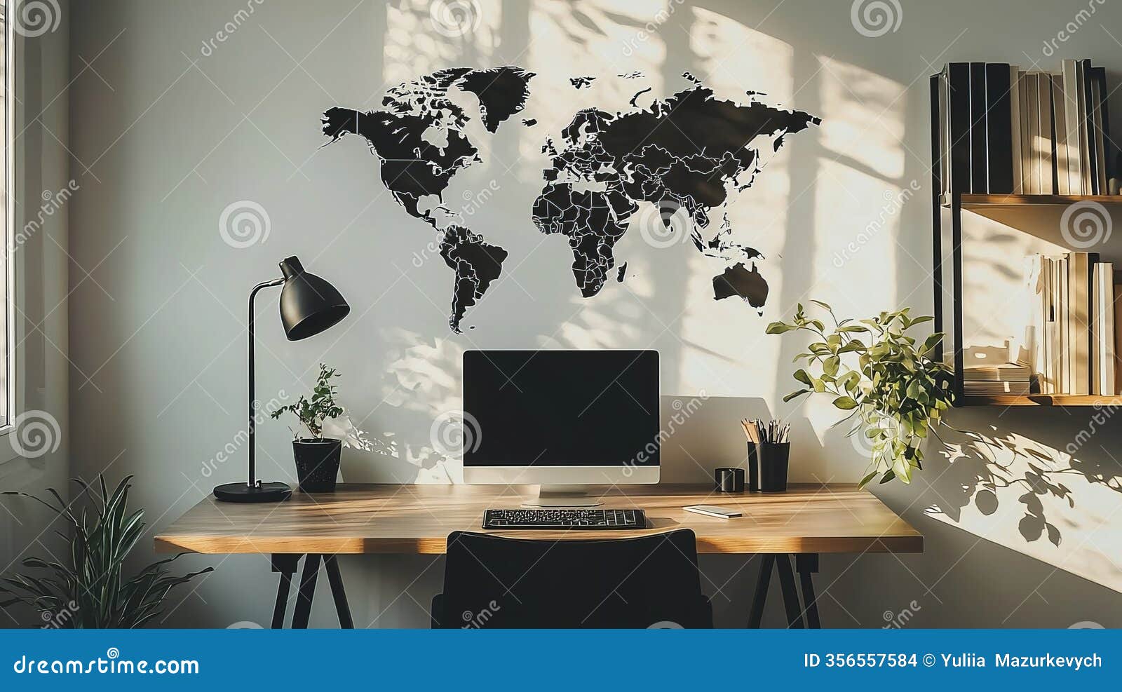 Minimalistic Study Room with a World Map, Sleek Desk, and Cozy, Modern ...