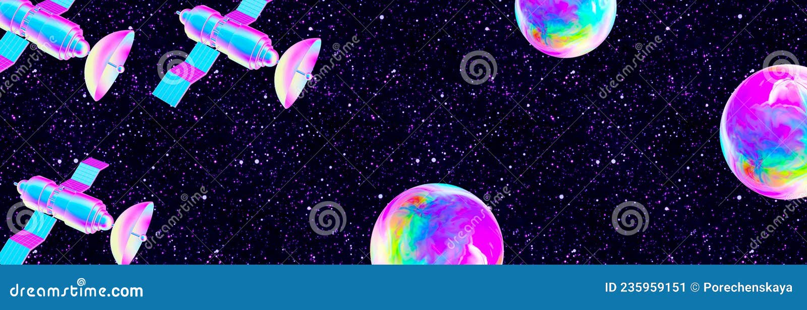 Minimalistic Stylized Collage Banner. 3d Cosmic Objects. Satellite and ...