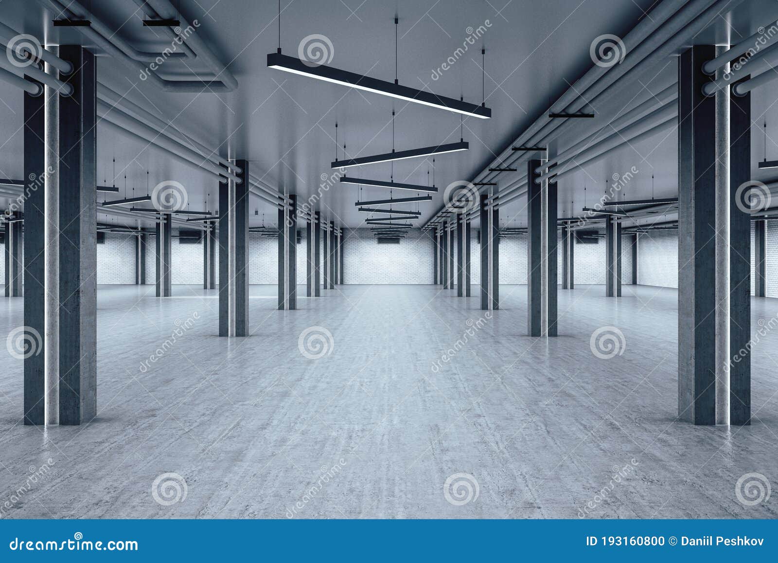 Minimalistic Warehouse Interior with Brick Wall and Columns Stock ...