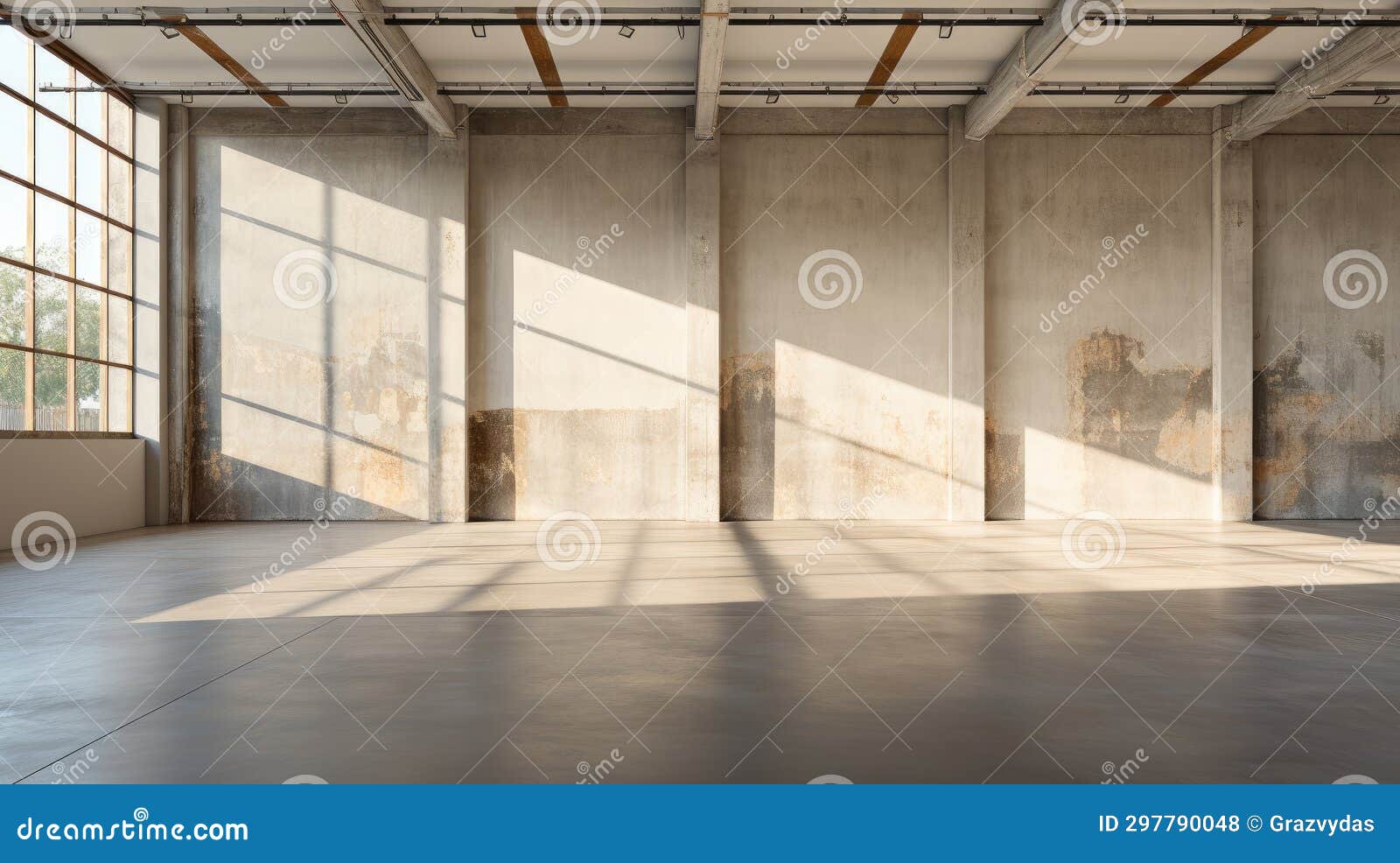 Minimalistic Warehouse Interior with Window and Blank Cement Wall Stock ...
