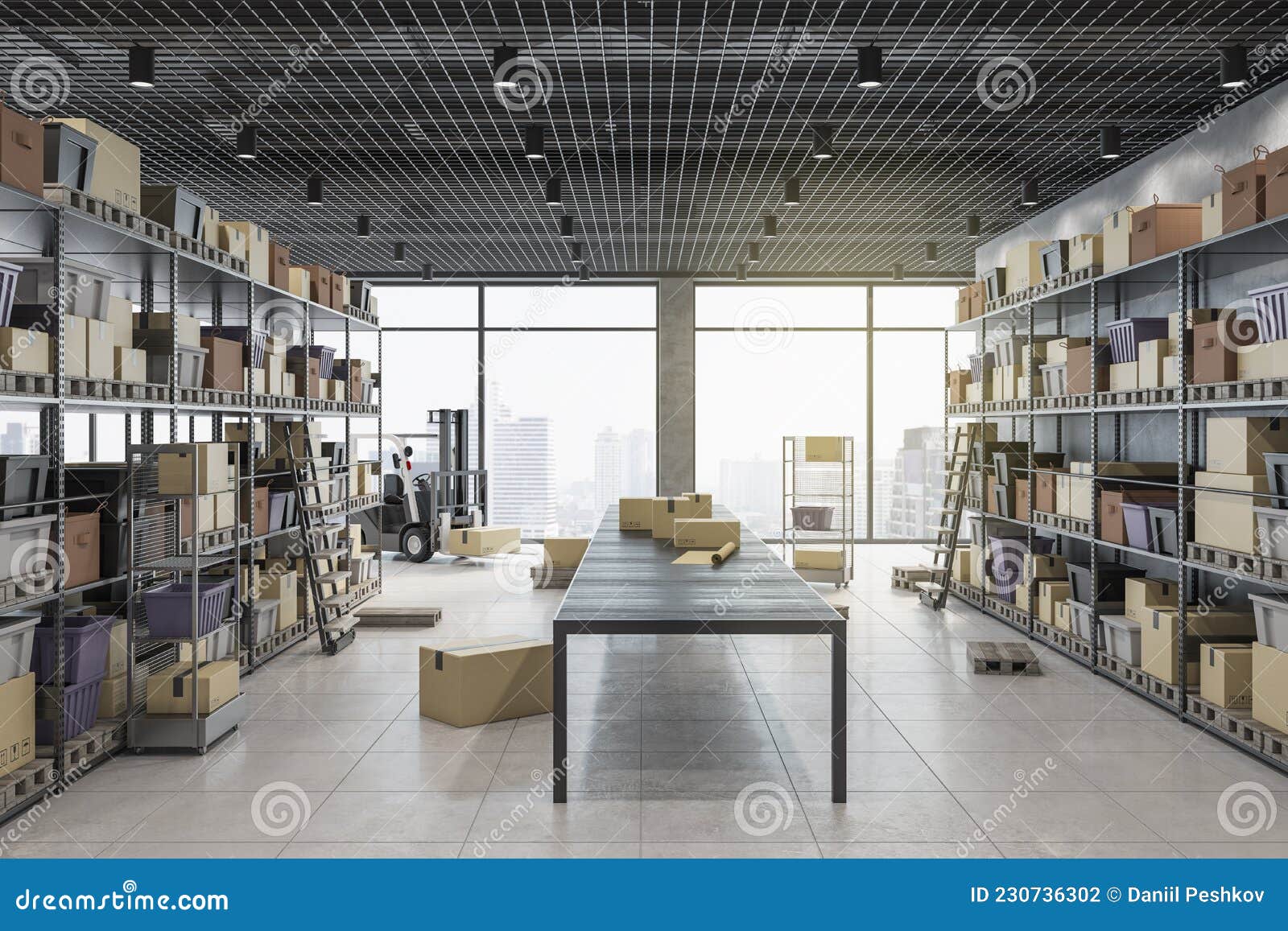 Minimalistic Warehouse with Racks, Boxes, City View and Daylight ...