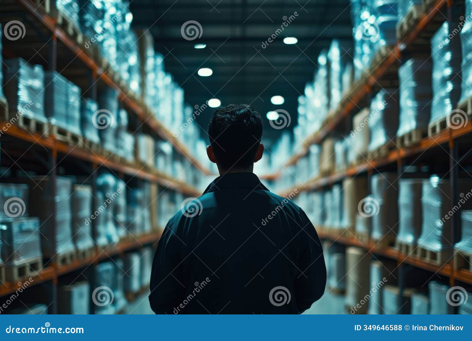 Minimalistic Warehouse Scene with Employee Amidst Stacked Inventory ...