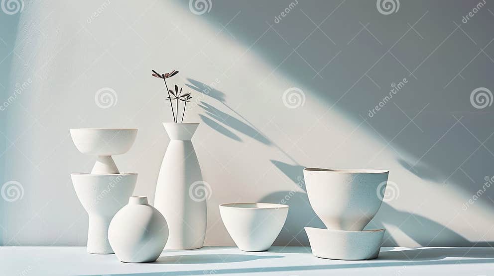 Minimalistic White Ceramic Vases Arranged with Shadows Stock Image ...