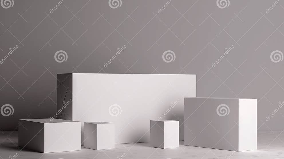 Minimalistic White Geometric Shapes Display with Subtle Shadows on Grey ...