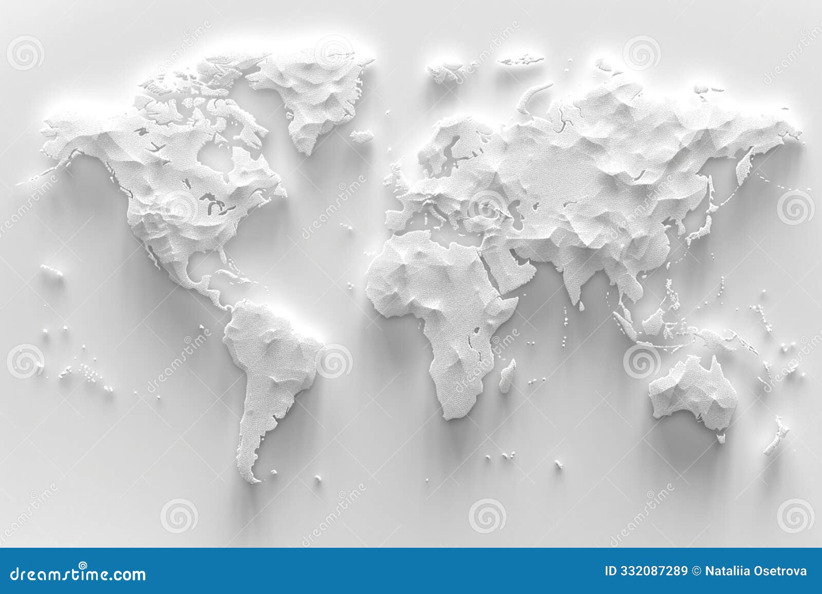 Minimalistic White World Map with Raised Continents and Subtle Shadows ...