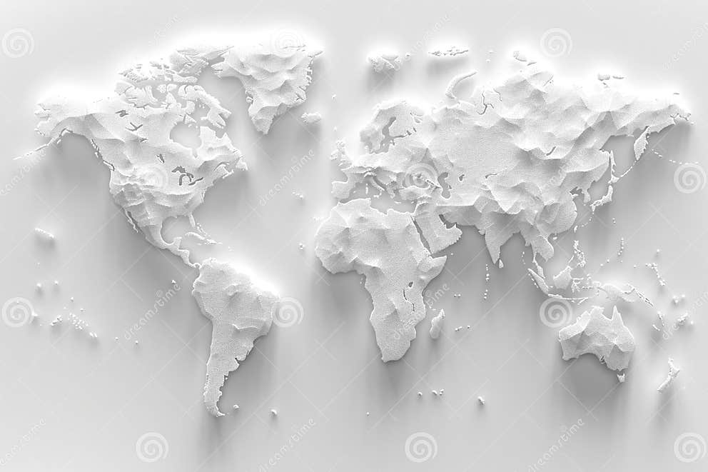 Minimalistic White World Map with Raised Continents and Subtle Shadows ...
