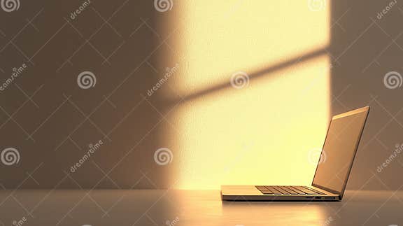 Minimalistic Workspace with Laptop in Profile in Warm Sunlight, with ...
