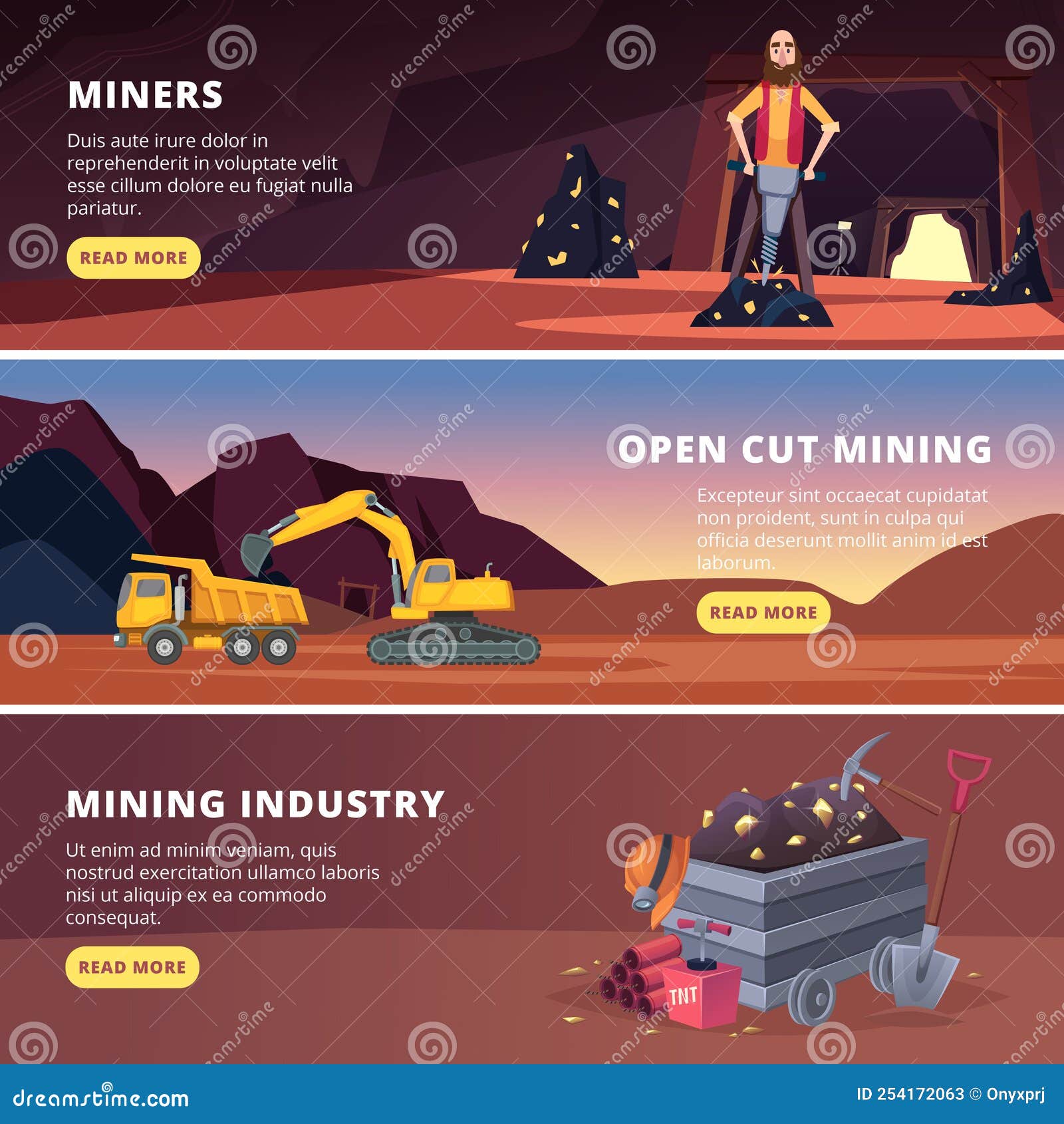 Mining Banners Natural Resource Production Industry Workers In Helmet
