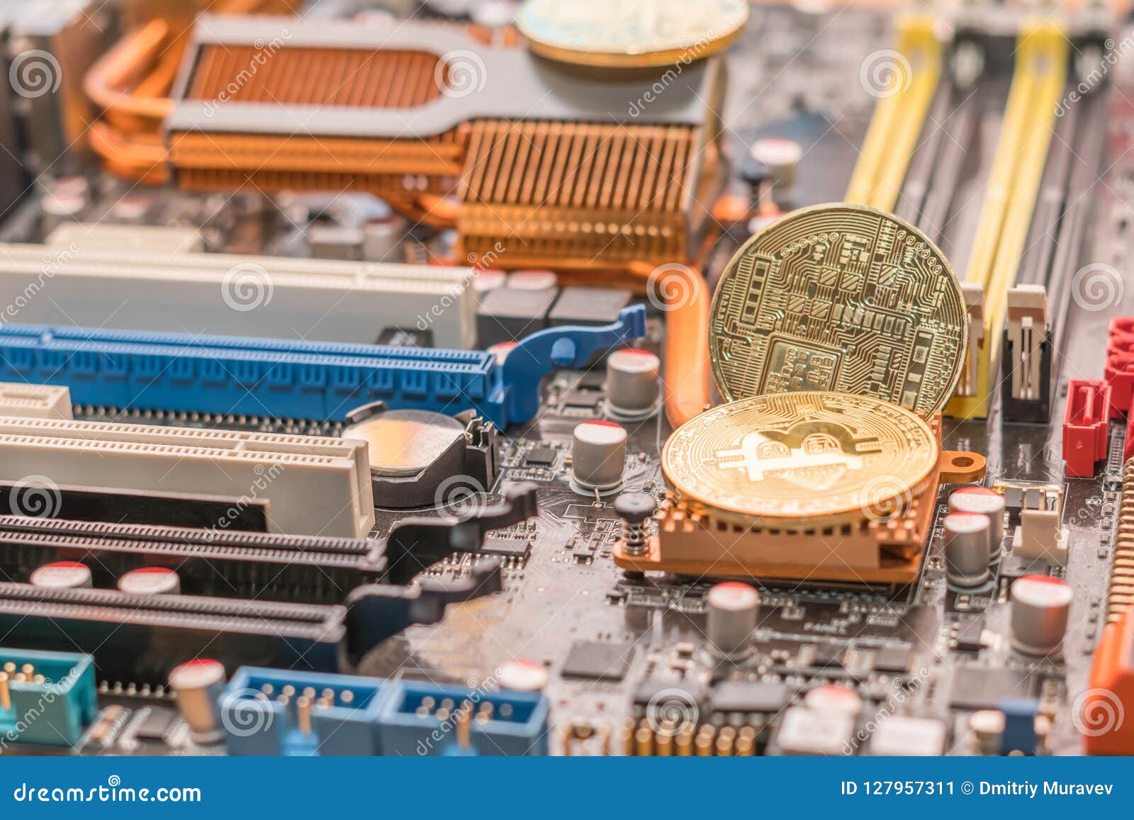 Mining Btc Crypto Cash. Two Bitcoin on Radiator of Desktop Computer ...