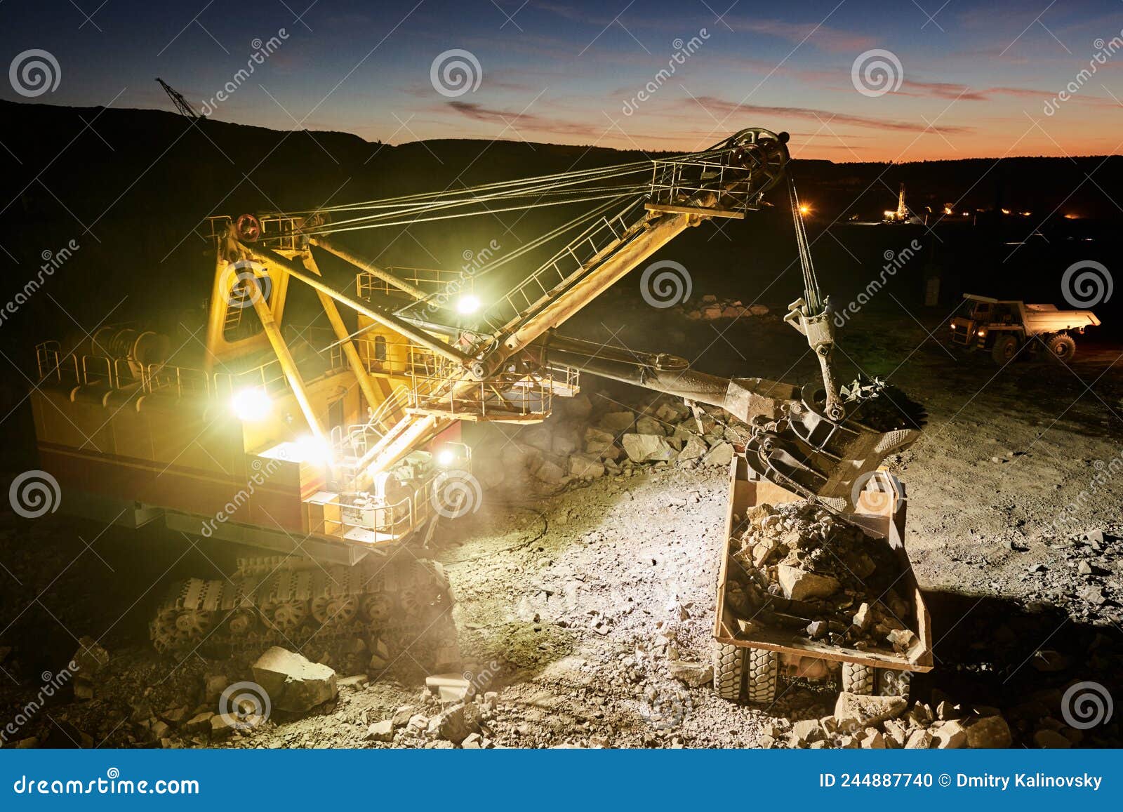 Mining Construction Industry. Excavator Digging Granite or Ore in ...