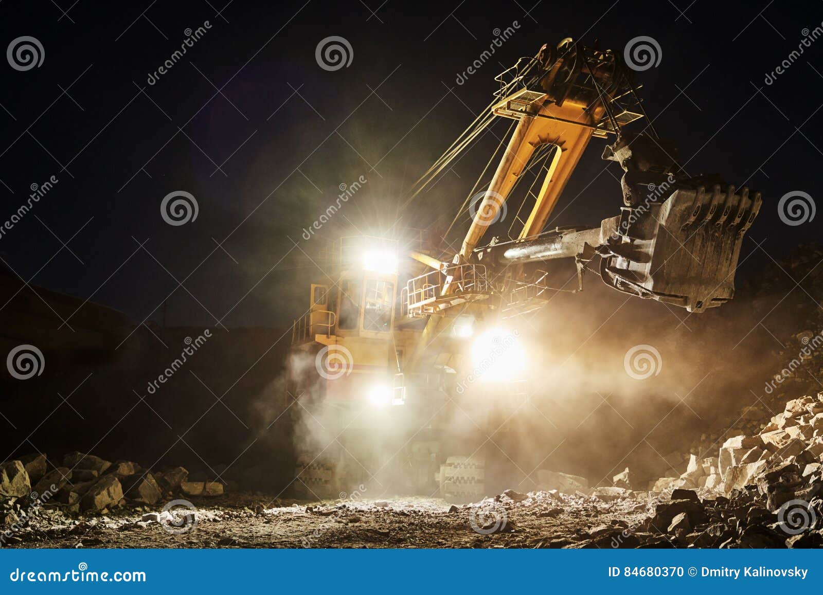 Mining Construction Industry. Excavator Digging Granite or Ore in ...
