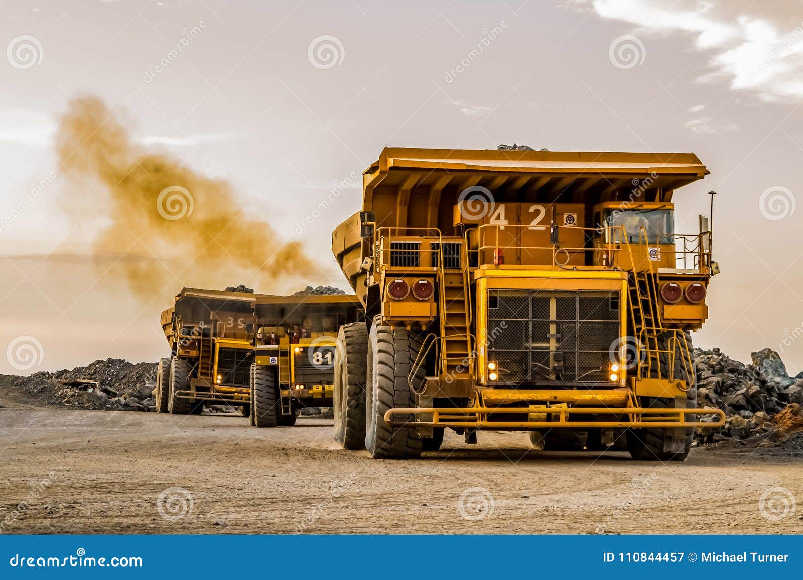 Mining Dump Truck, Crawler Excavator And Bulldozer Loader Close-up On ...