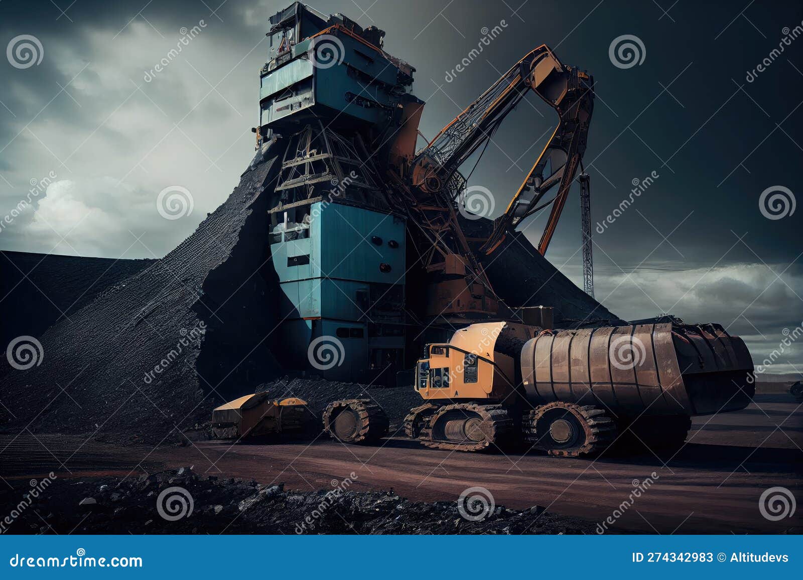 Mining Equipment and Excavator Parked Next To a Towering Coal Pile ...