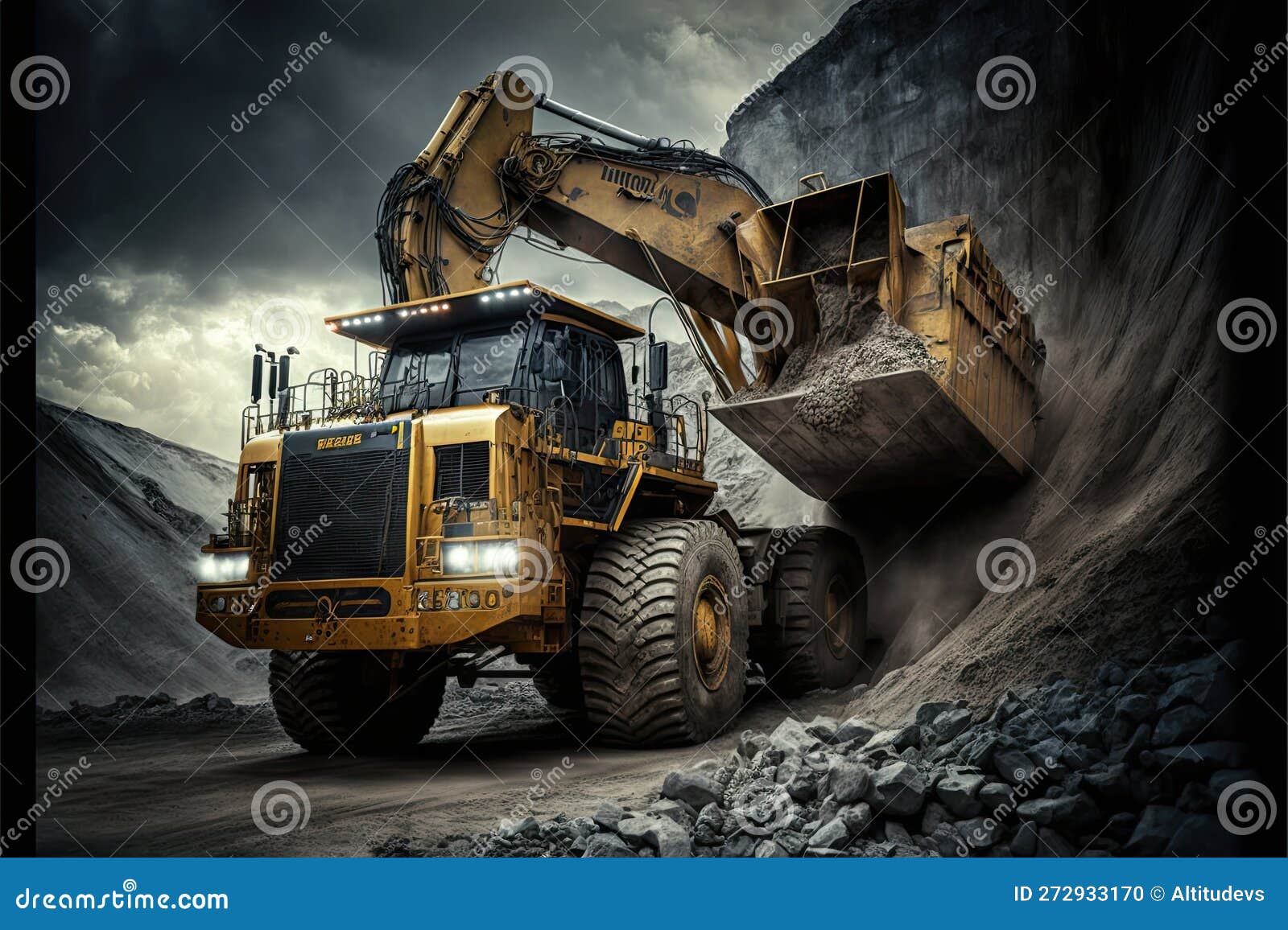 Mining Excavator Loading Granite or Ore into Dump Truck, Coal Industry ...