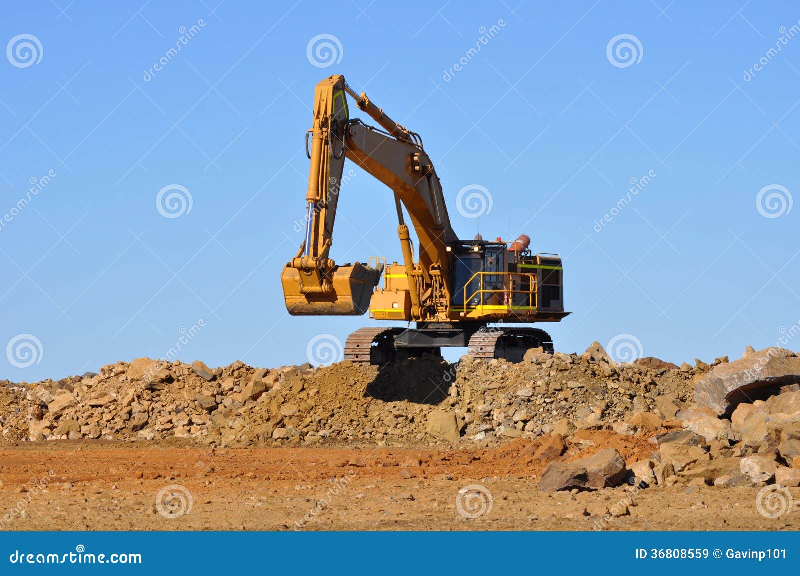 Mining. Excavator And Dump Truck In Granite Or Iron Opencast Stock ...