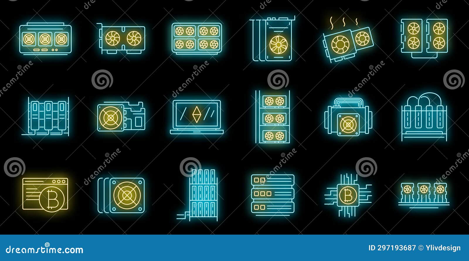 Mining Farm Icons Set Vector Neon Stock Illustration - Illustration of ...