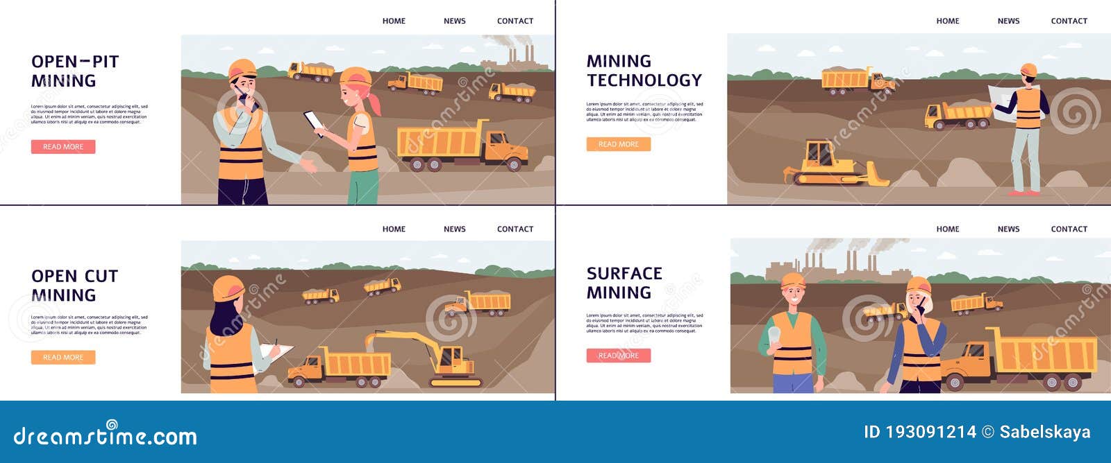 Mining Industry and Quarrying Banner Set with Open Pit, Flat Vector ...