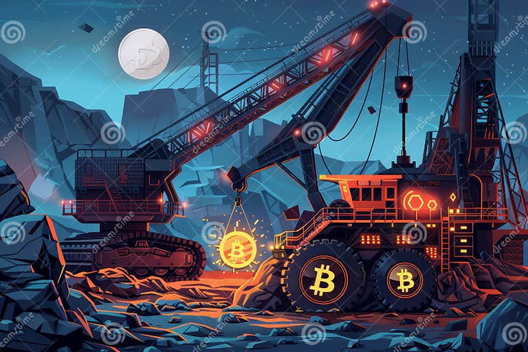 A Mining Machine at Work with the Moon in the Background, Illustrate ...