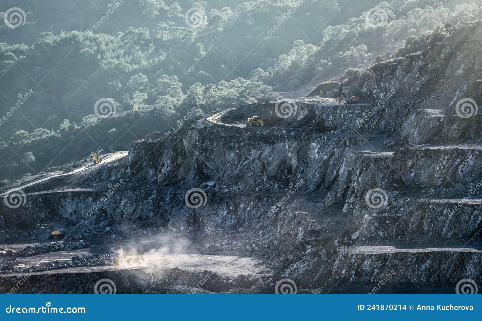 Diabase Quarry Stepped Wall With Two Red Drilling Machines, Panorama ...