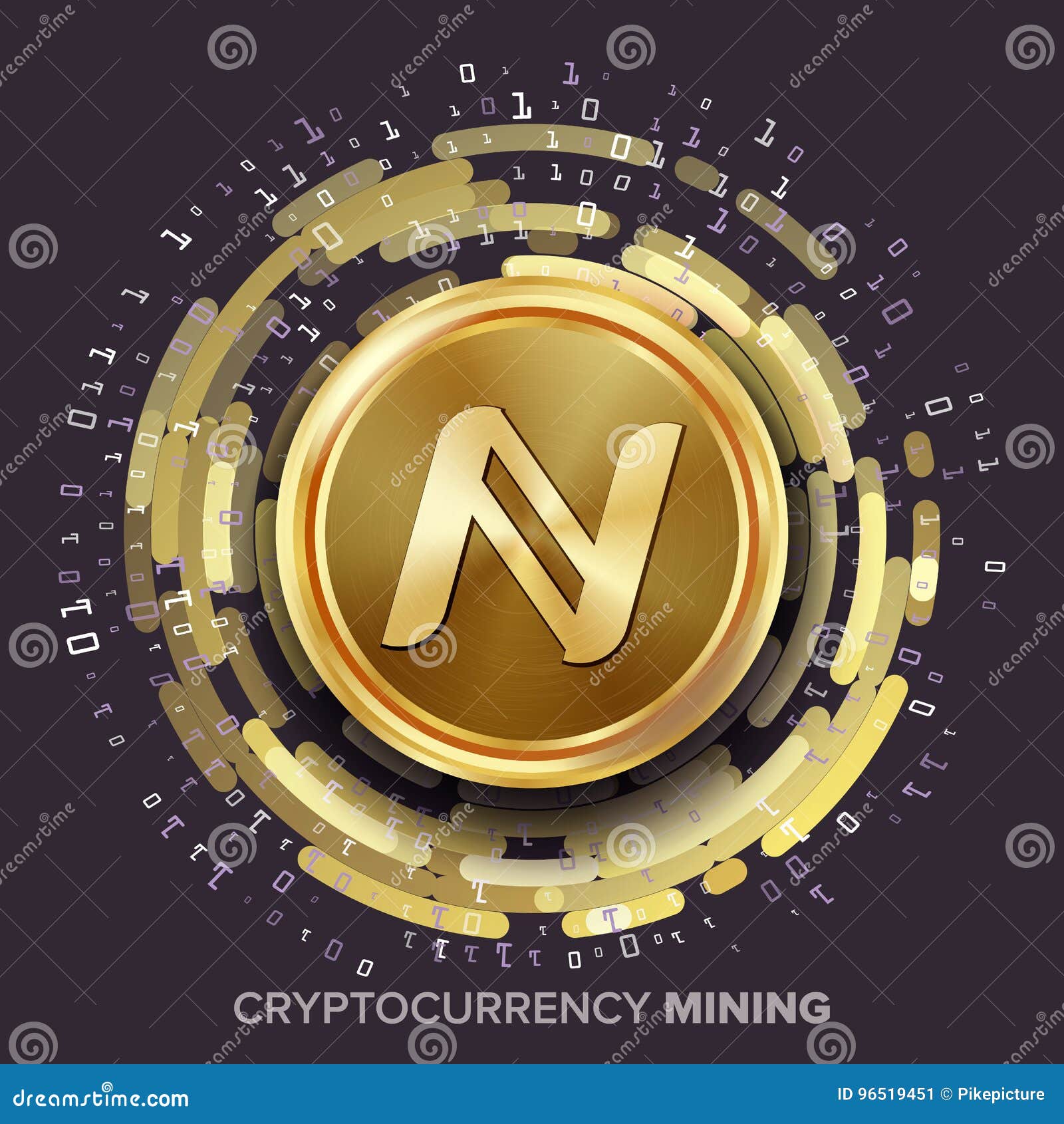 Mining Namecoin Cryptocurrency Vector. Golden Coin, Digital Stream ...