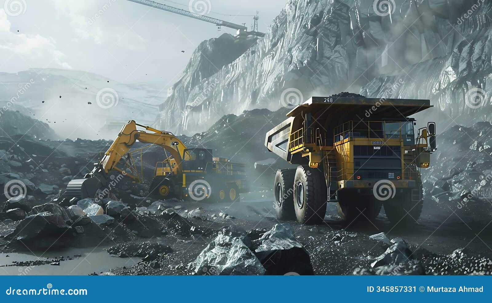 Mining Operation with Large Dump Trucks and Excavators, Showcasing the ...