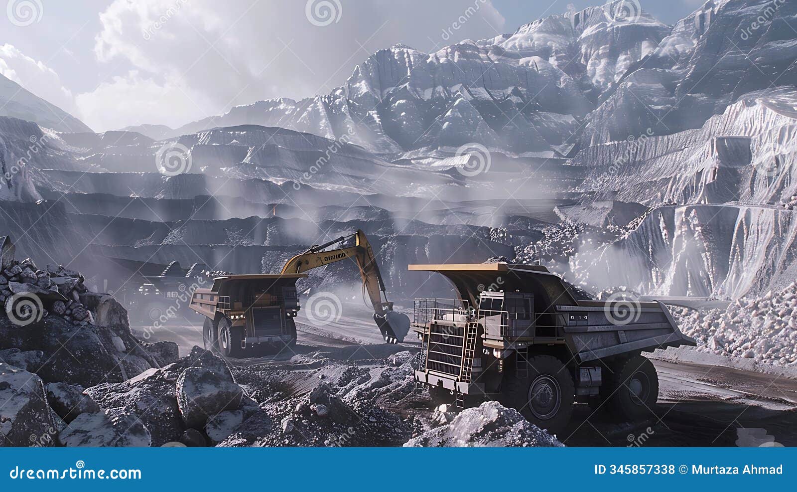 Mining Operation with Large Dump Trucks and Excavators, Showcasing the ...
