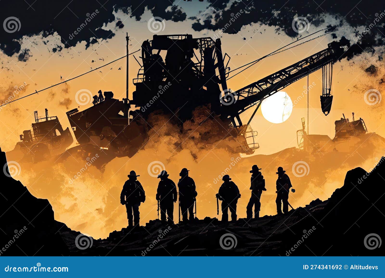 Mining Operations with Silhouettes of Workers and Equipment Against the ...