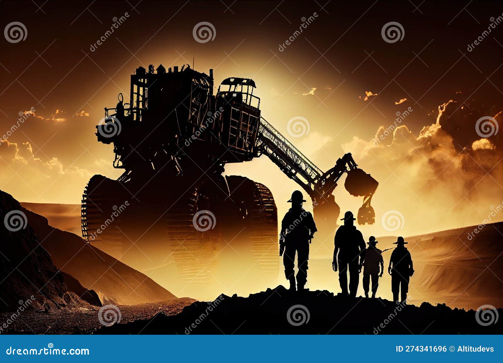 Mining Operations with Silhouettes of Workers and Equipment Against the ...