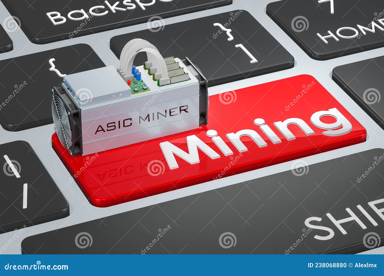 Mining Red Key. ASIC Miner on Keyboard. 3D Rendering Editorial Image ...