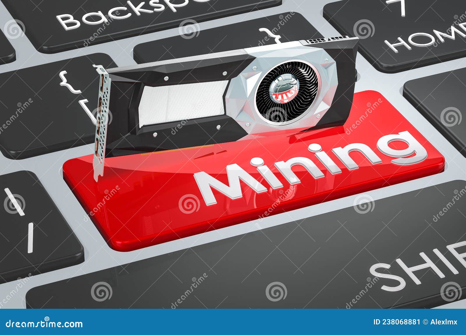 Mining Red Key. Video Card on Keyboard. 3D Rendering Stock Illustration ...