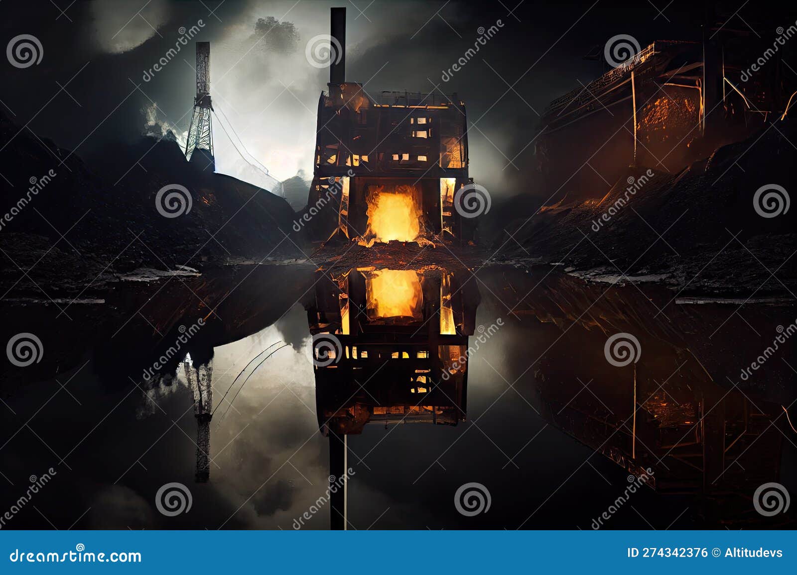 Mining Shaft with Reflection of Burning Coal in the Background Stock ...
