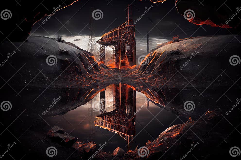 Mining Shaft with Reflection of Burning Coal in the Background Stock ...