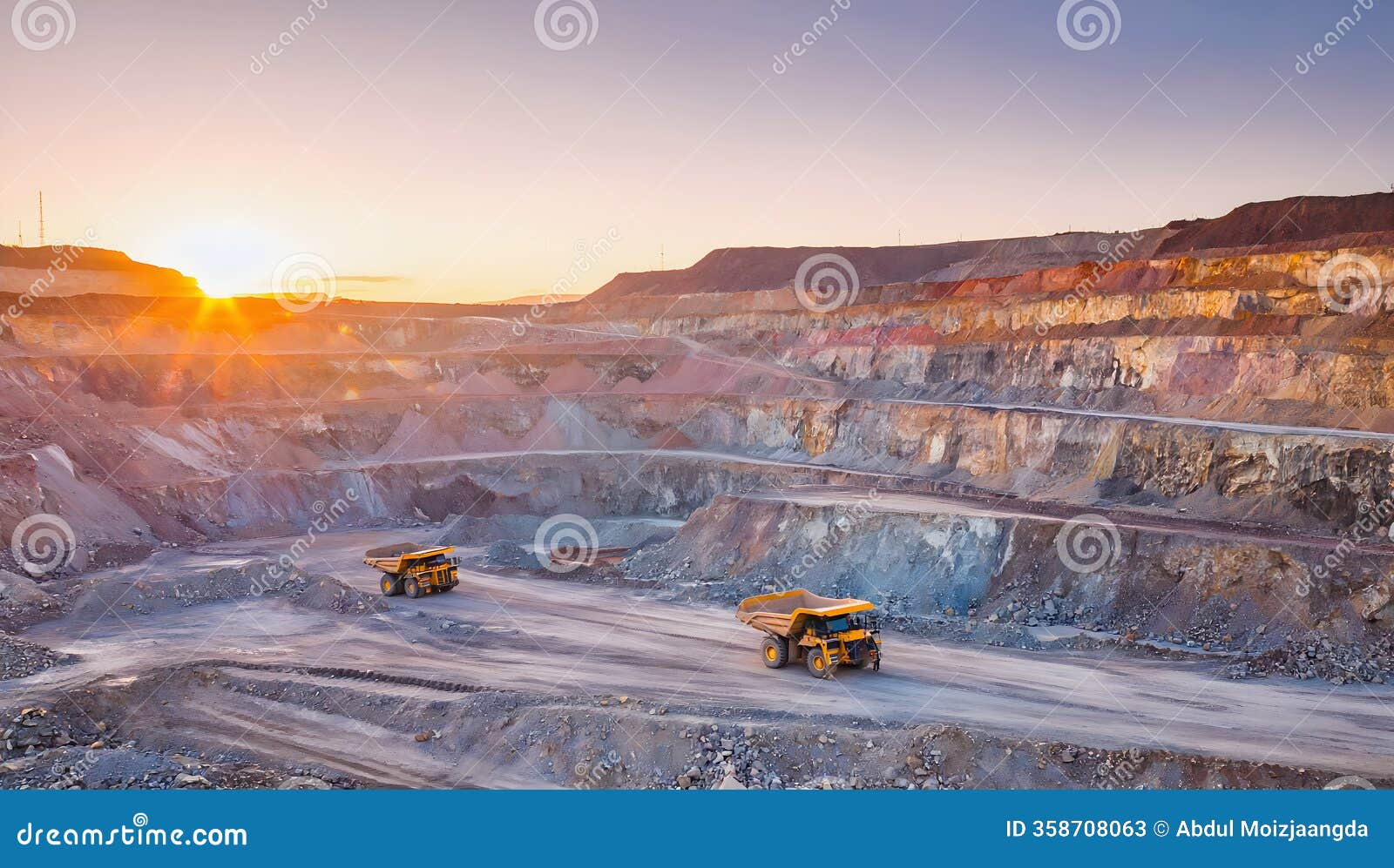 A Large Dump Truck Stands In A Quarry At Sunset, With A Futuristic Data ...