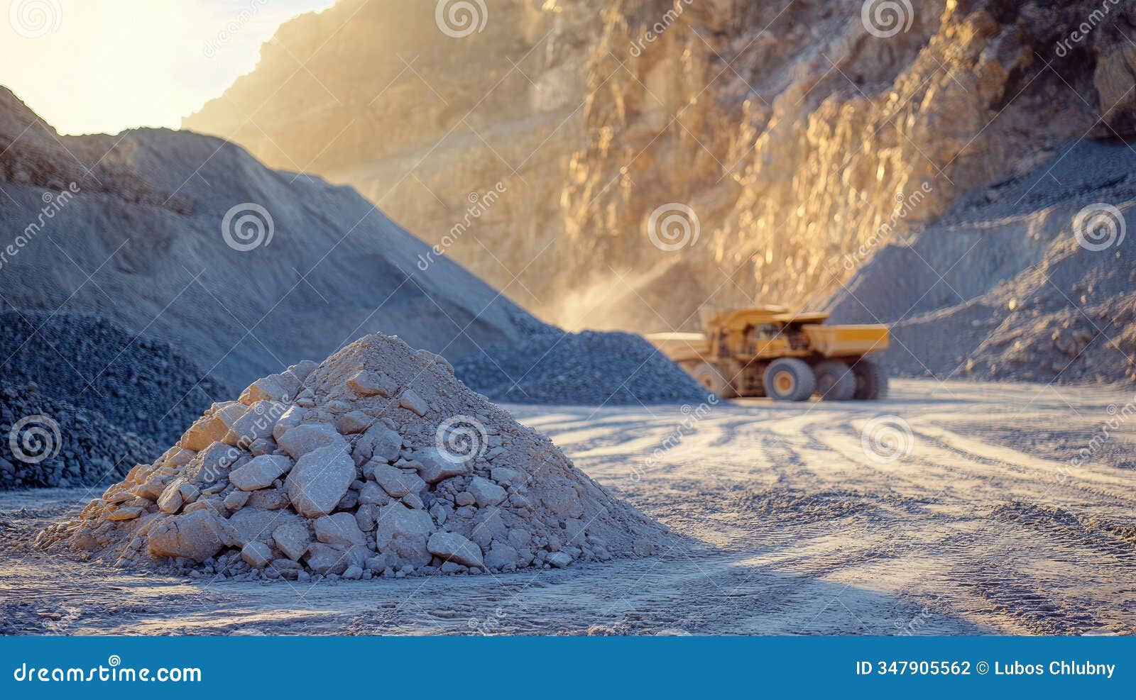 Mining Truck Transporting Limestone in Open Pit Mine at Sunset Stock ...