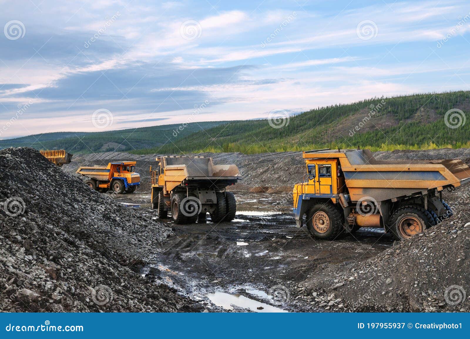 Mining Trucks are Queuing, in the Background a Wheel Loader is Loading ...