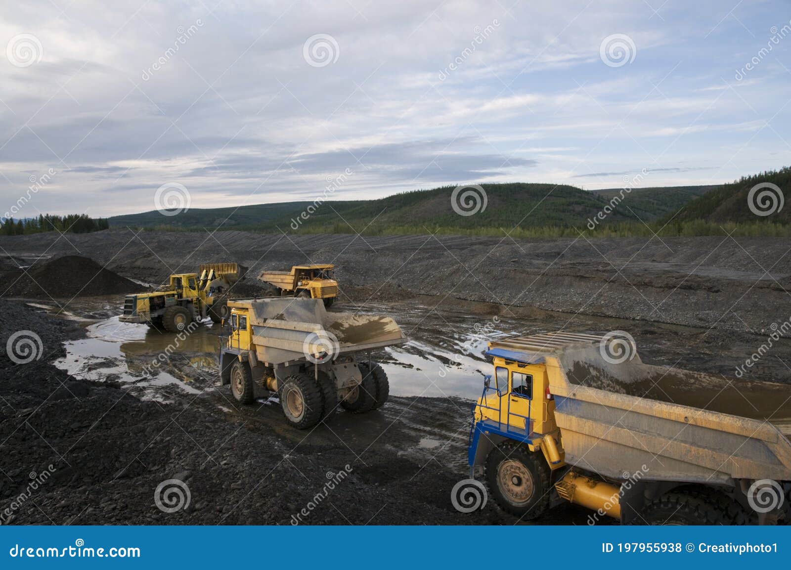 Mining Trucks are Queuing, in the Background a Wheel Loader is Loading ...