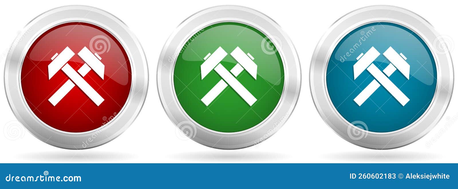 Mining Vector Icon Set. Red, Blue and Green Silver Metallic Web Buttons ...