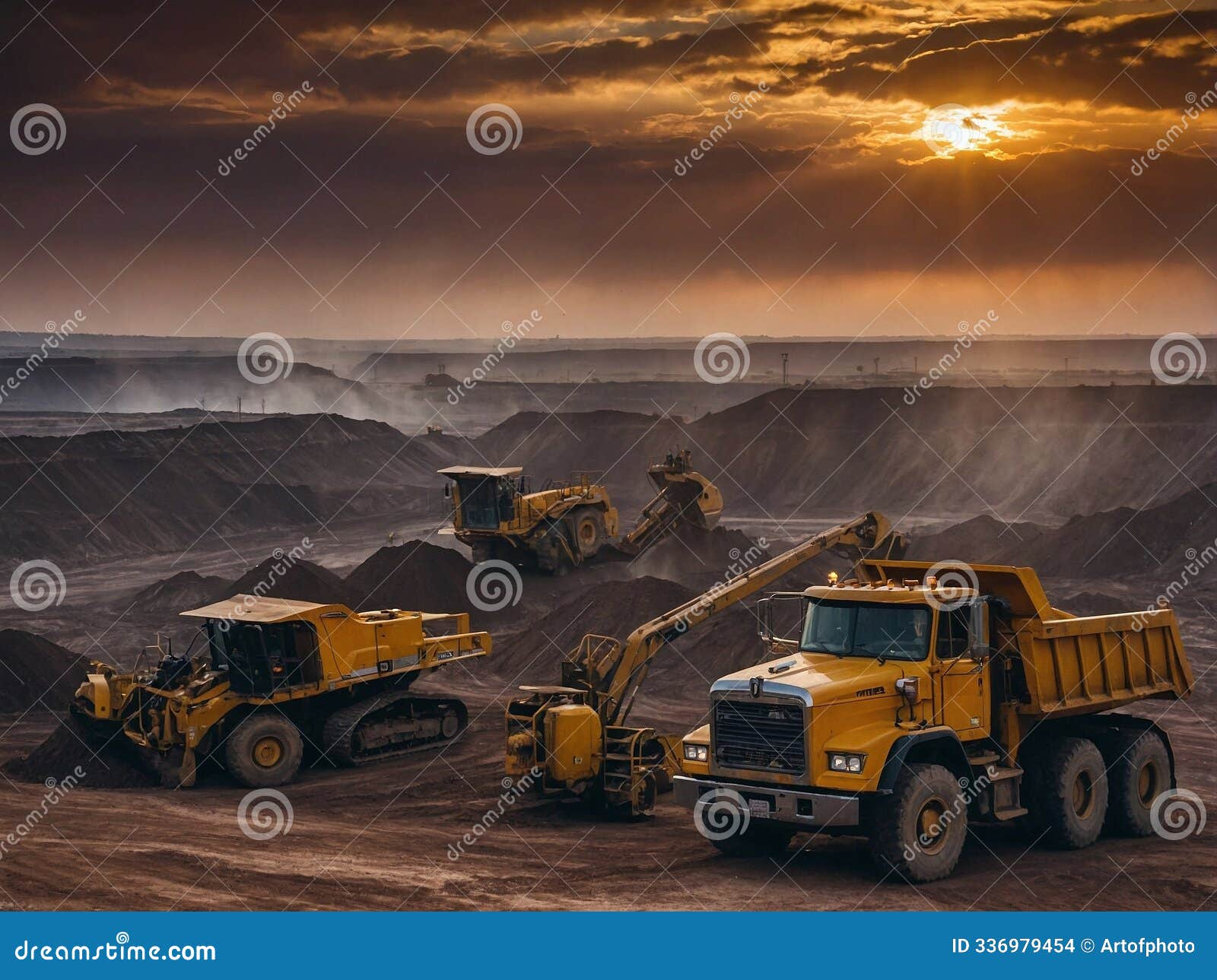 Mining Workers Operate Heavy Equipment at a Site during Sunset ...