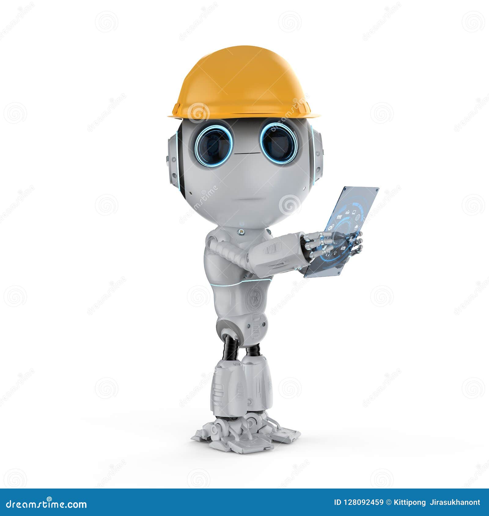 Minirobot met tablet stock illustratie. Illustration of automatisch ...
