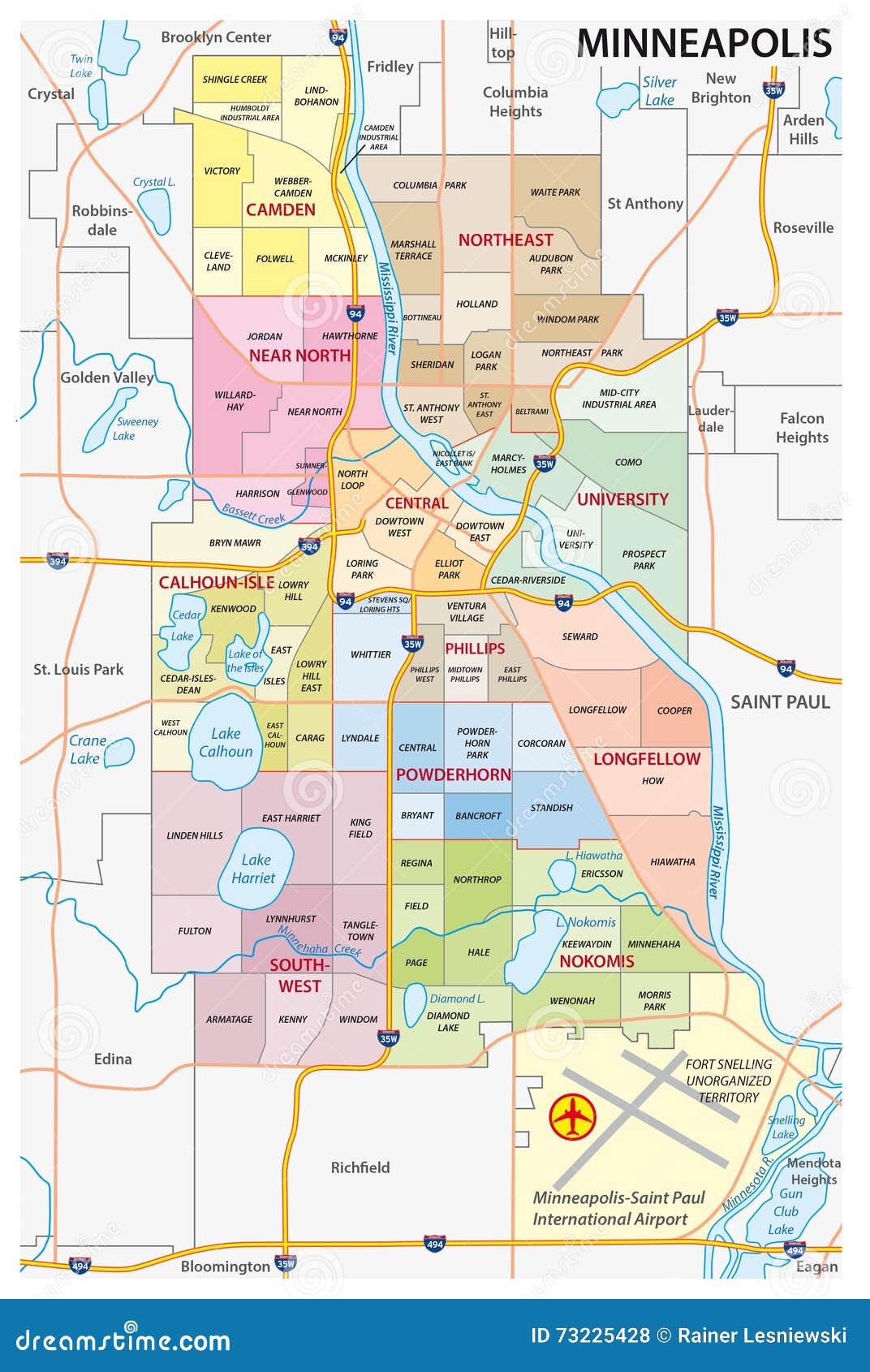 Minneapolis Administrative Political and Road Map Stock Illustration ...