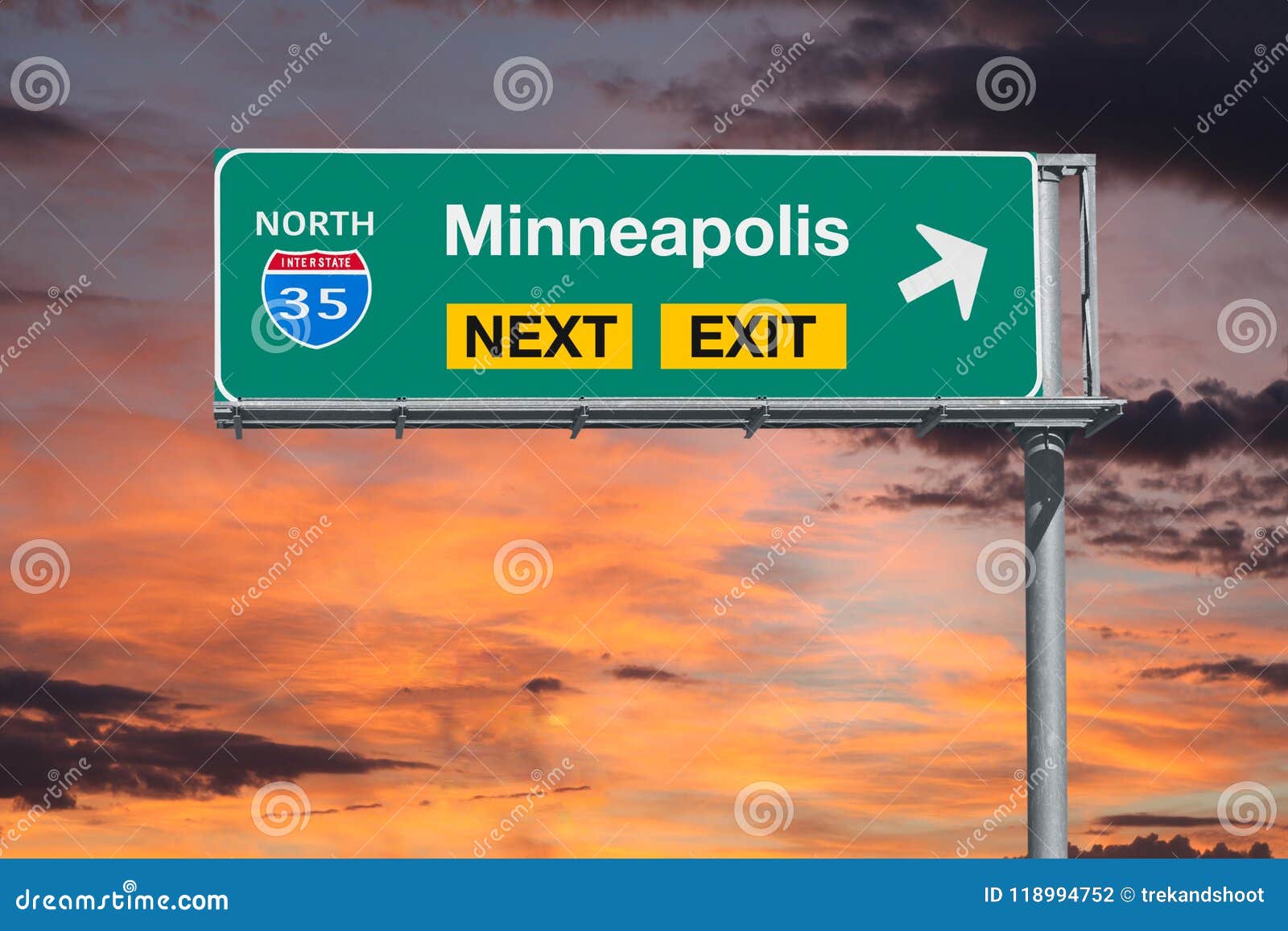 Minneapolis Route 35 Freeway Next Exit Sign with Sunset Sky Stock Photo ...