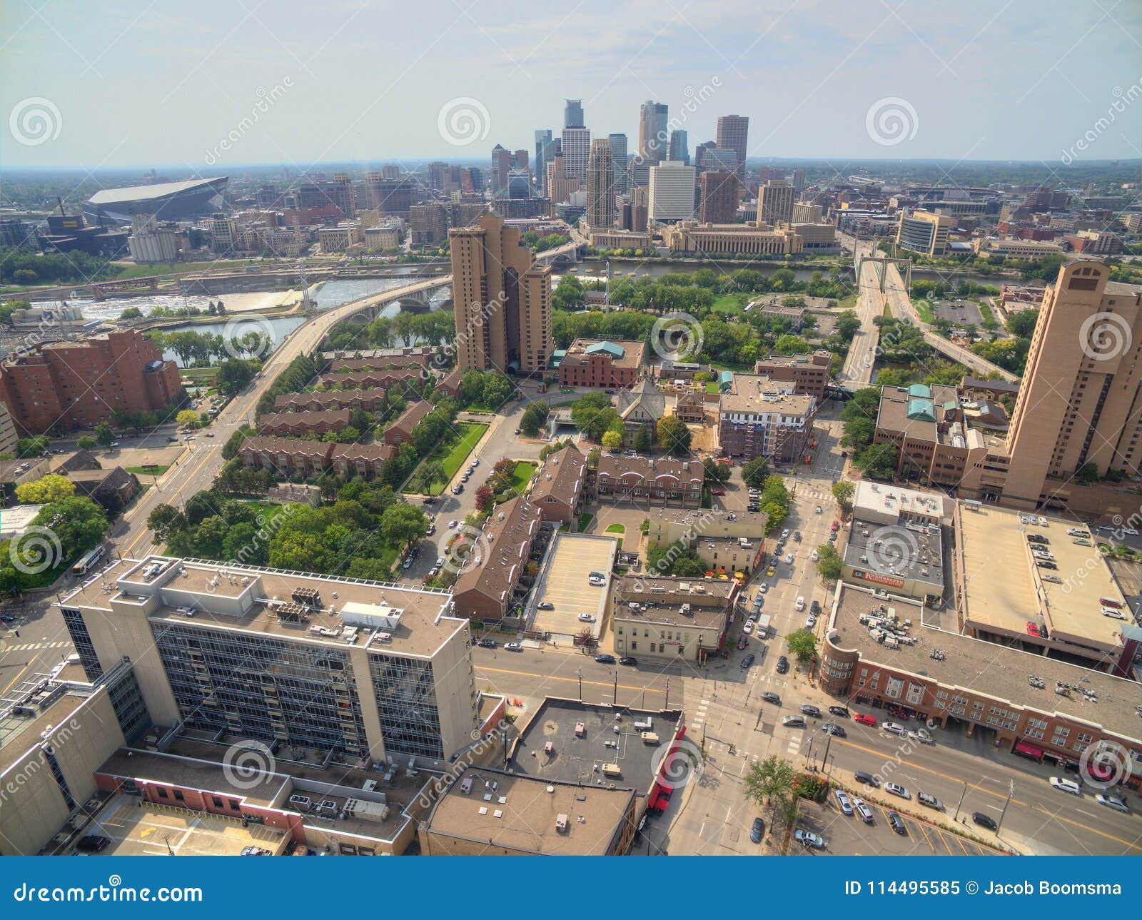 Minneapolis, Minnesota Skyline Seen from Above by Drone in Spring ...
