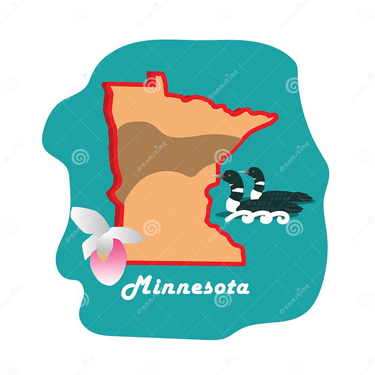 Minnesota State Map with Common Loon and Slipper. Vector Illustration ...