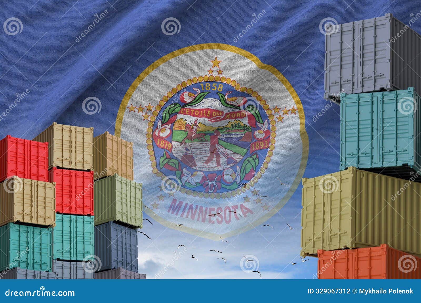 Minnesota US State Flag and Big Stack of Shipping Cargo Containers in ...