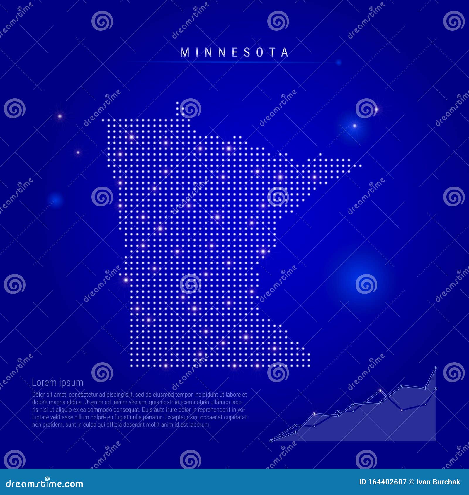 Minnesota US State Illuminated Map with Glowing Dots. Dark Blue Space ...