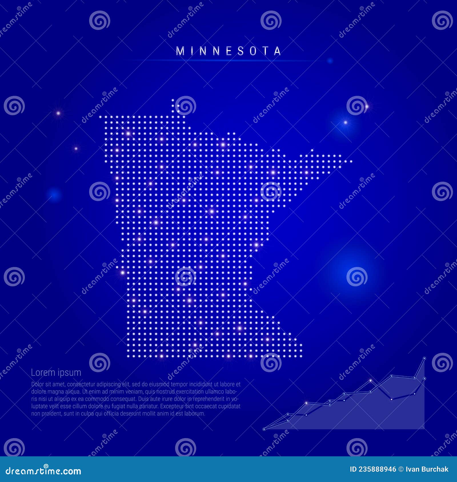 Minnesota US State Illuminated Map with Glowing Dots. Dark Blue Space ...