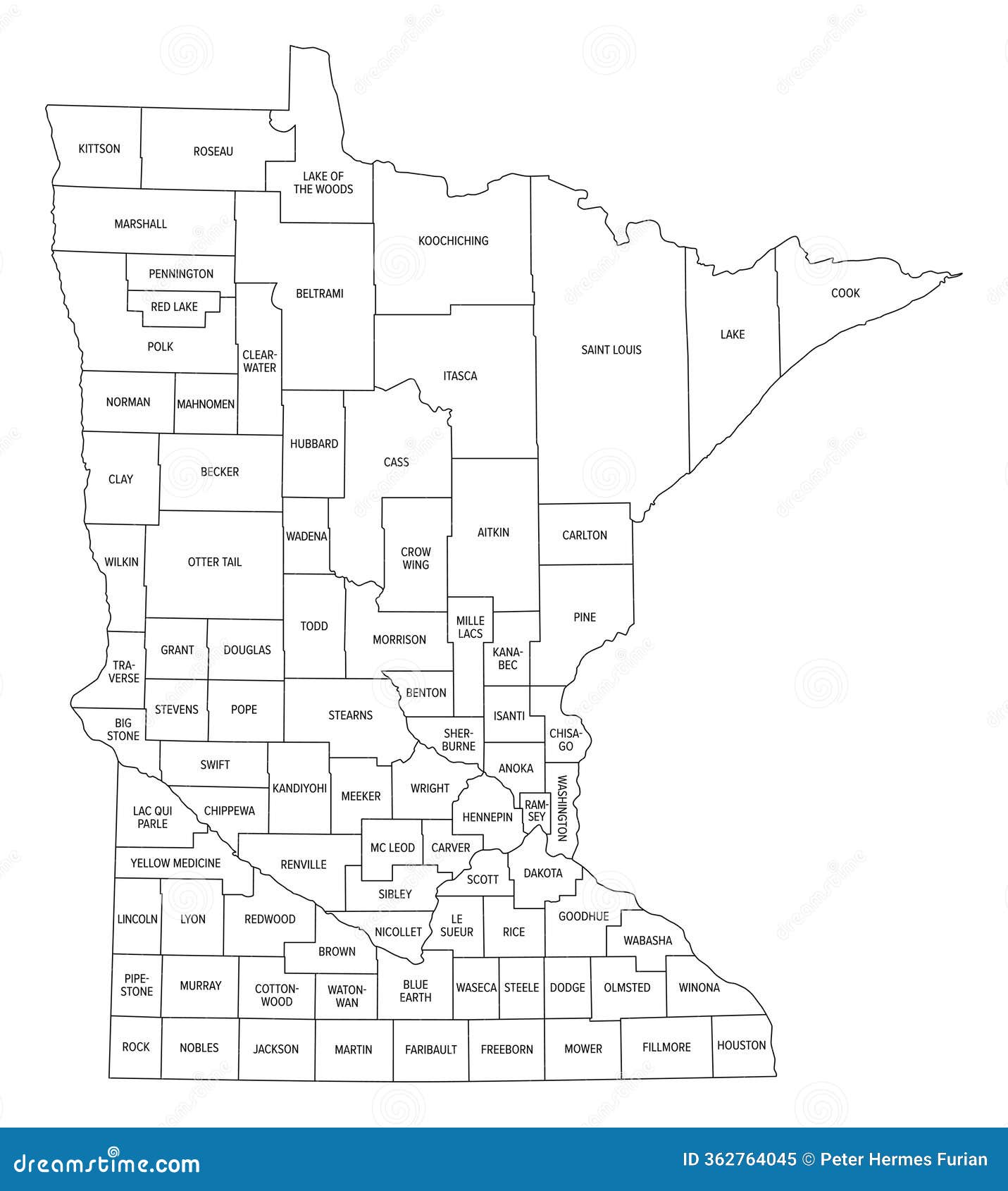 State of Minnesota Subdivided into 87 Counties, Outline Map Stock ...