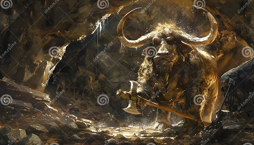 Minotaur with axe stock illustration. Illustration of cave - 311463199