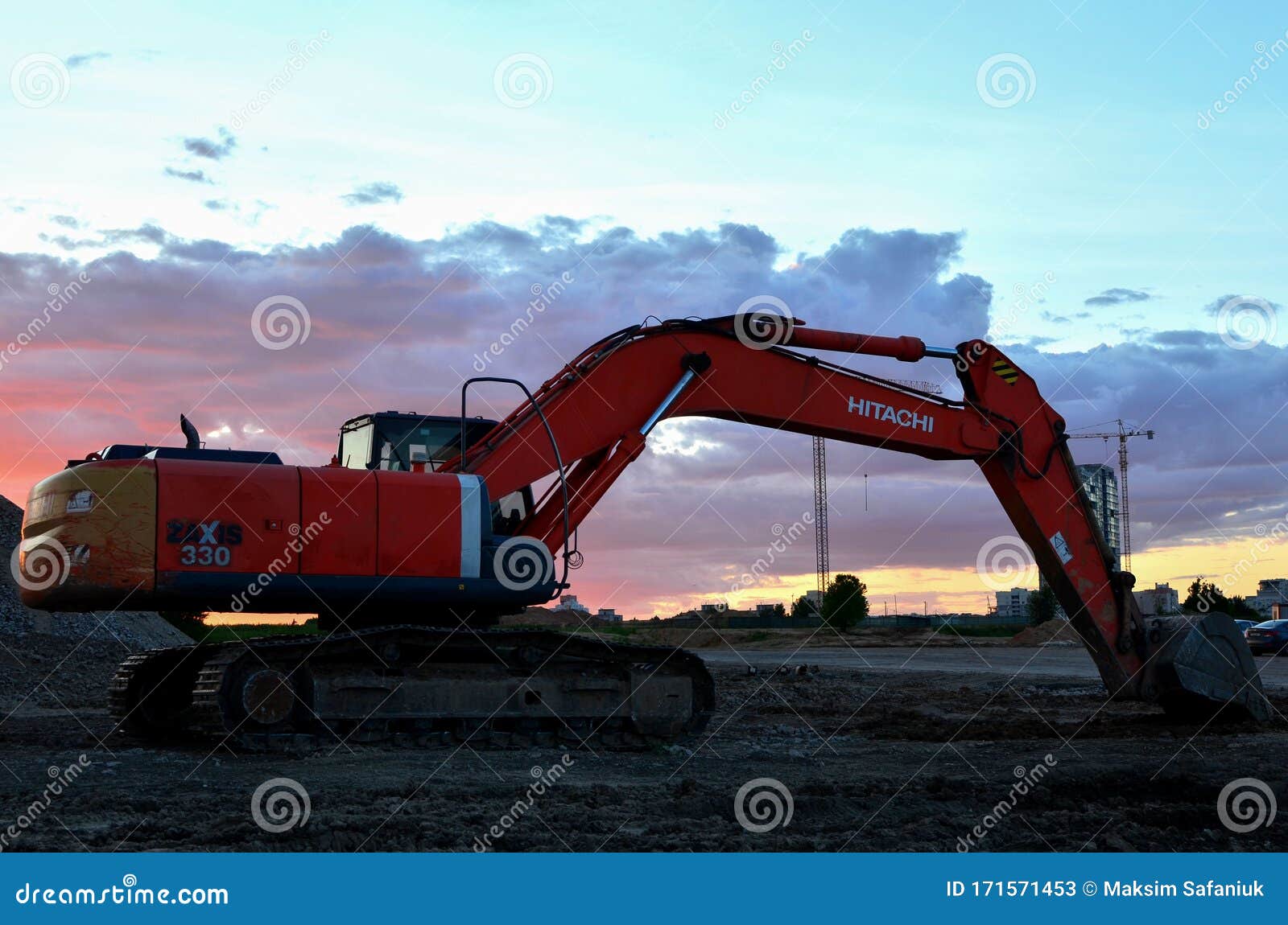 Excavator HITACHI ZAXIS 270LC And Tower Cranes POTAIN Working At ...
