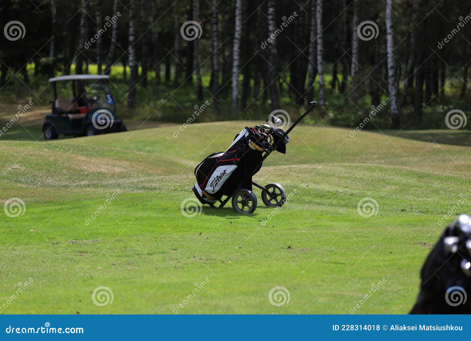 Minsk. Belarus - 24.07.2021 - Push-Pull Golf Carts. Green Grass, Trees ...